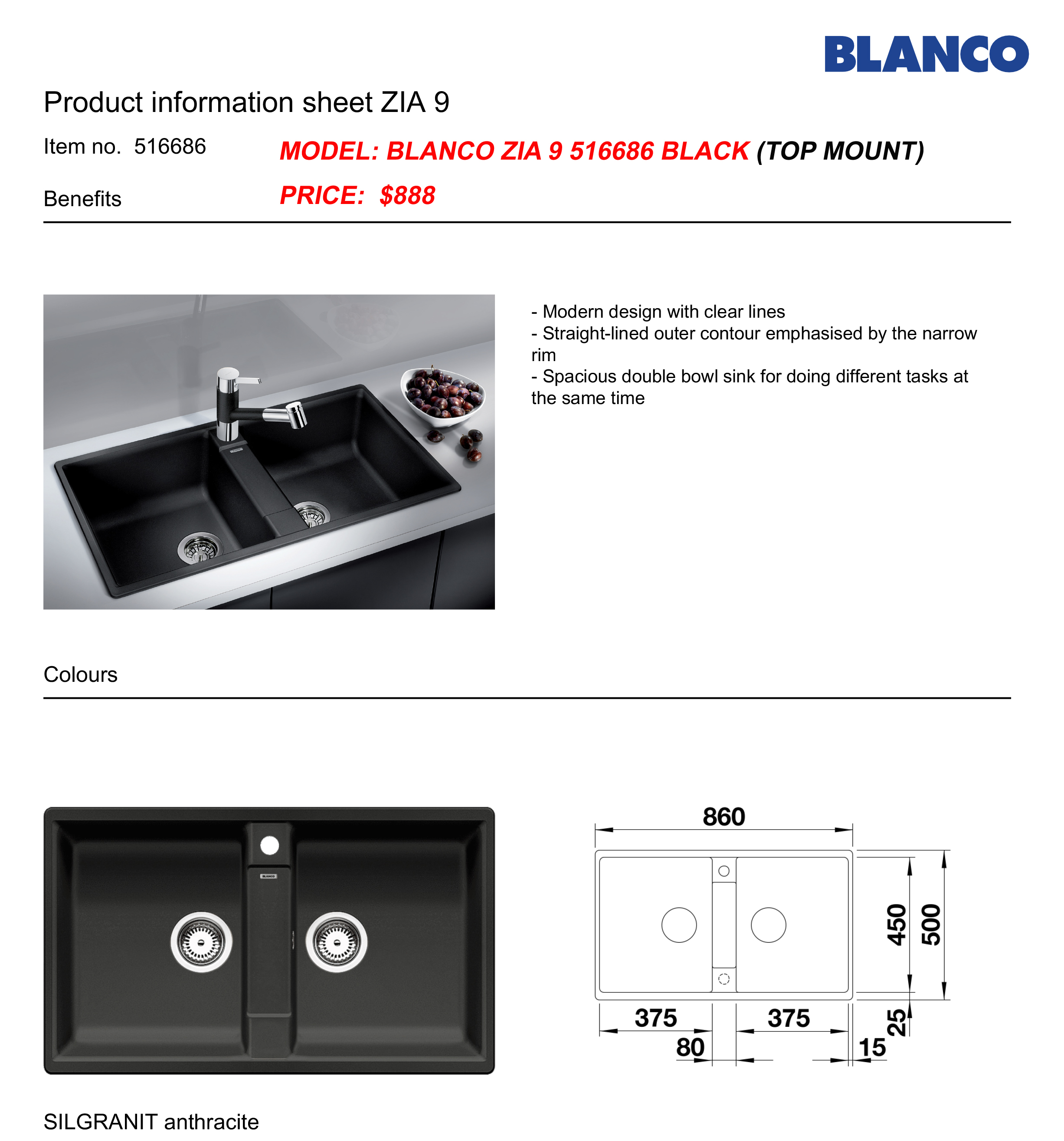 BLANCO ZIA 9 516686 SINK - lightings.com.sg