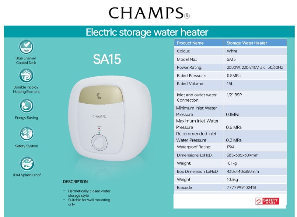 Champs SA15 storage heater - lightings.com.sg